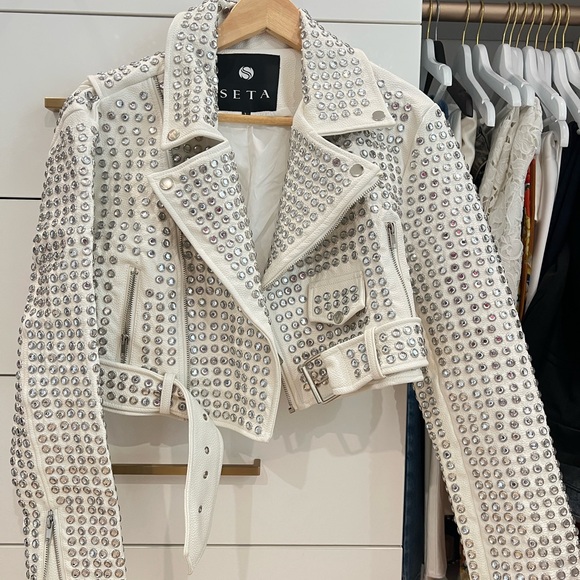seta apparel | Jackets & Coats | White Leather Moto Jacket With Studded ...